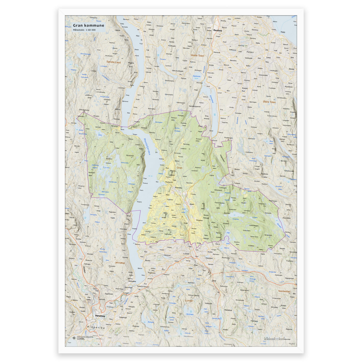 Kart over Gran kommune | Veggkart, plakat eller innrammet