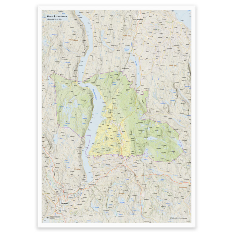 Kart over Gran kommune | Veggkart, plakat eller innrammet