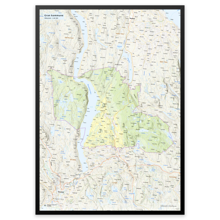 Kart over Gran kommune | Veggkart, plakat eller innrammet