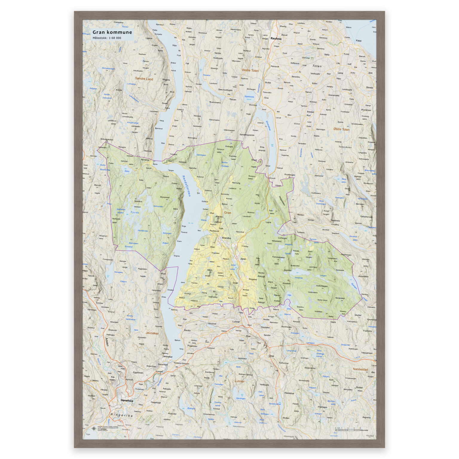 Kart over Gran kommune | Veggkart, plakat eller innrammet