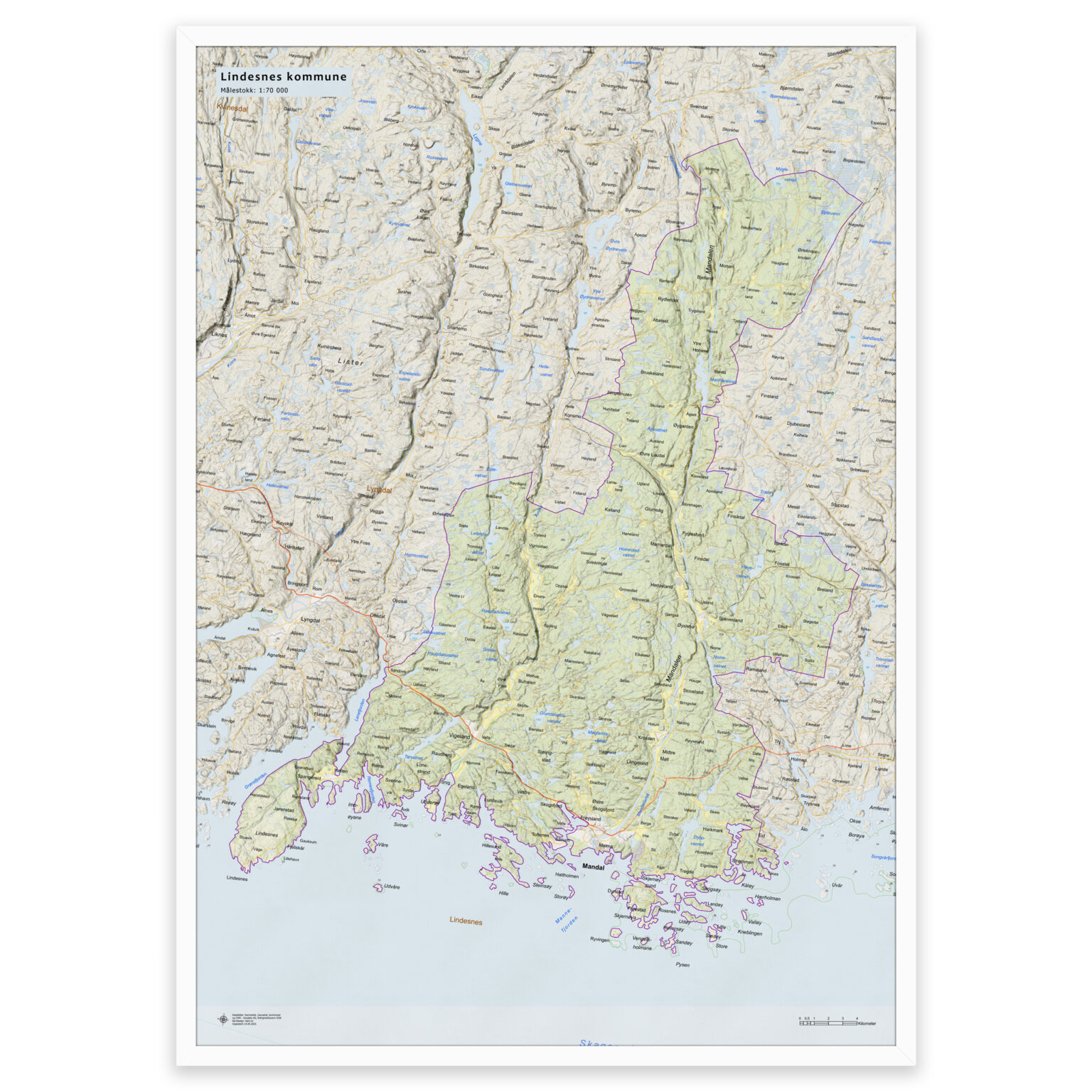 Kart over Lindesnes kommune | Veggkart, plakat eller innrammet