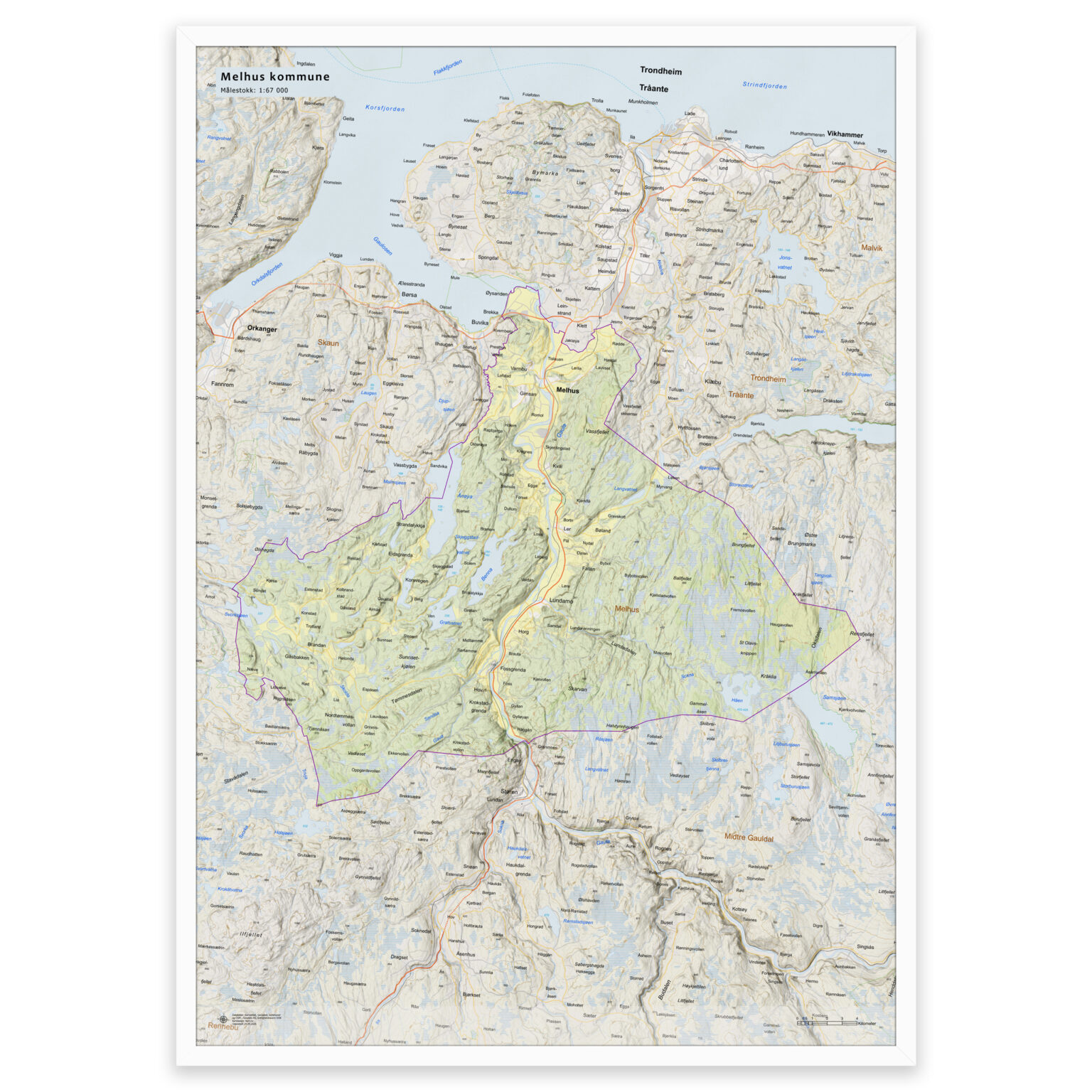 Kart over Melhus kommune | Veggkart, plakat eller innrammet
