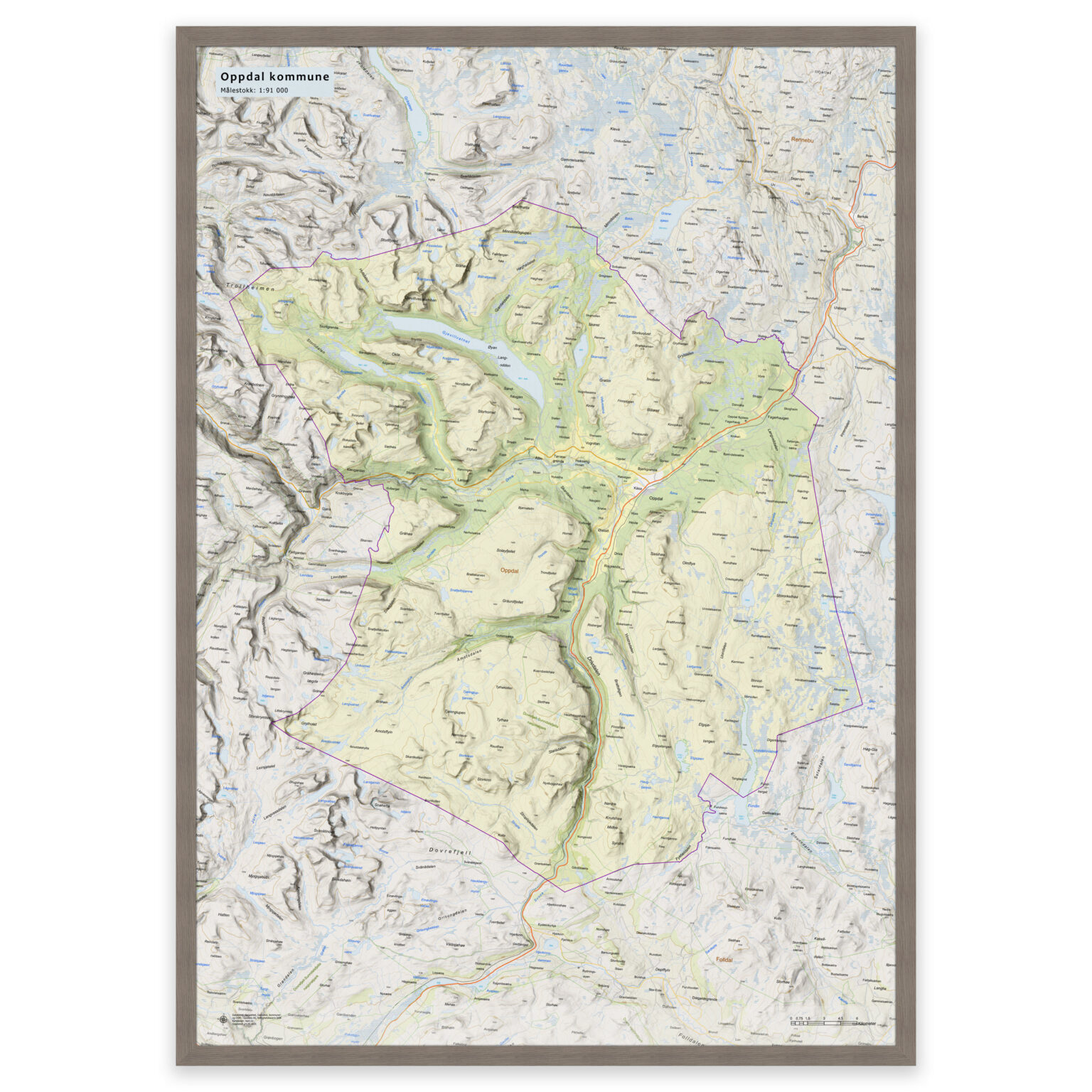 Kart over Oppdal kommune | Veggkart, plakat eller innrammet