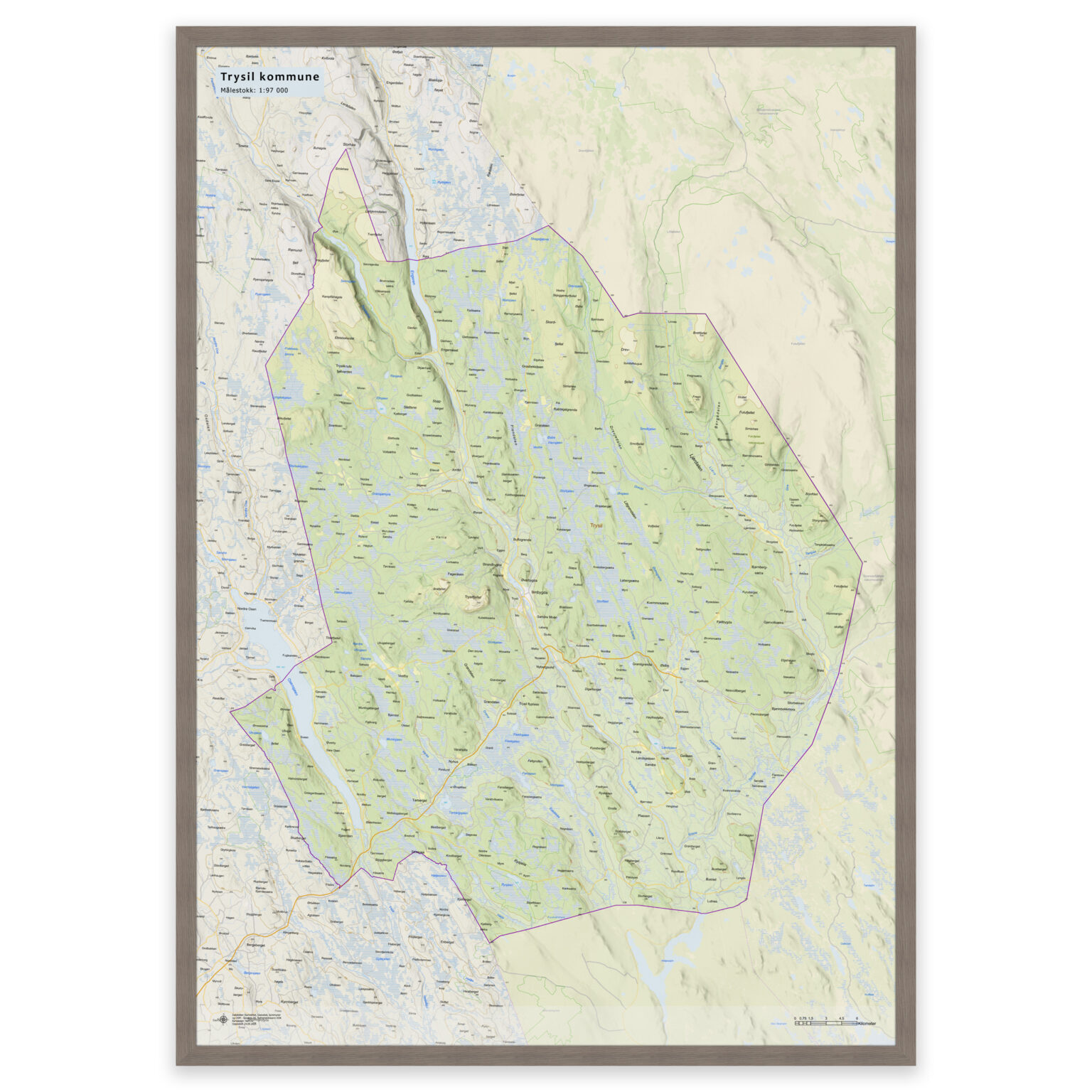 Kart over Trysil kommune | Veggkart, plakat eller innrammet