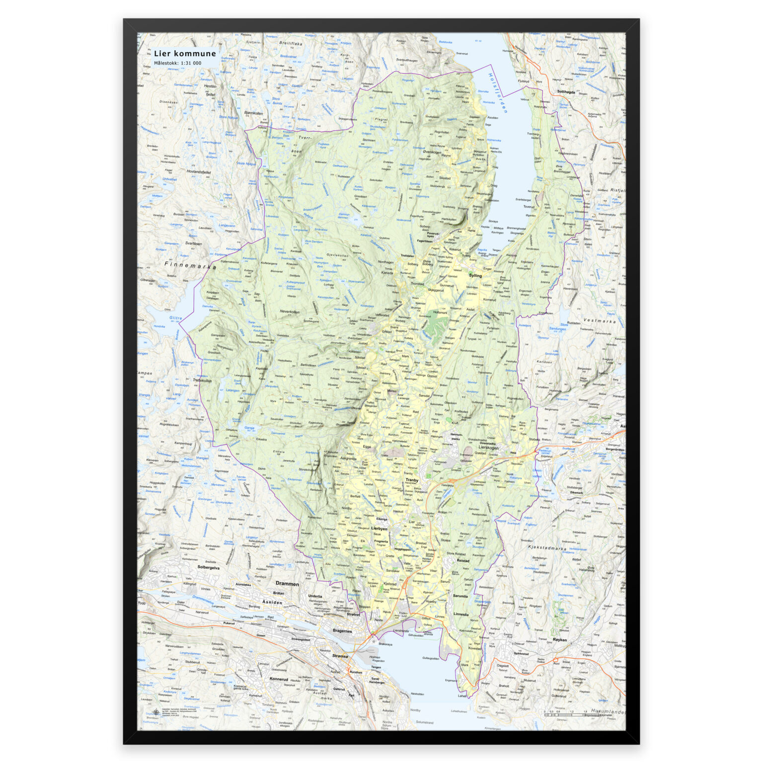 Kart over Lier kommune | Veggkart, plakat eller innrammet
