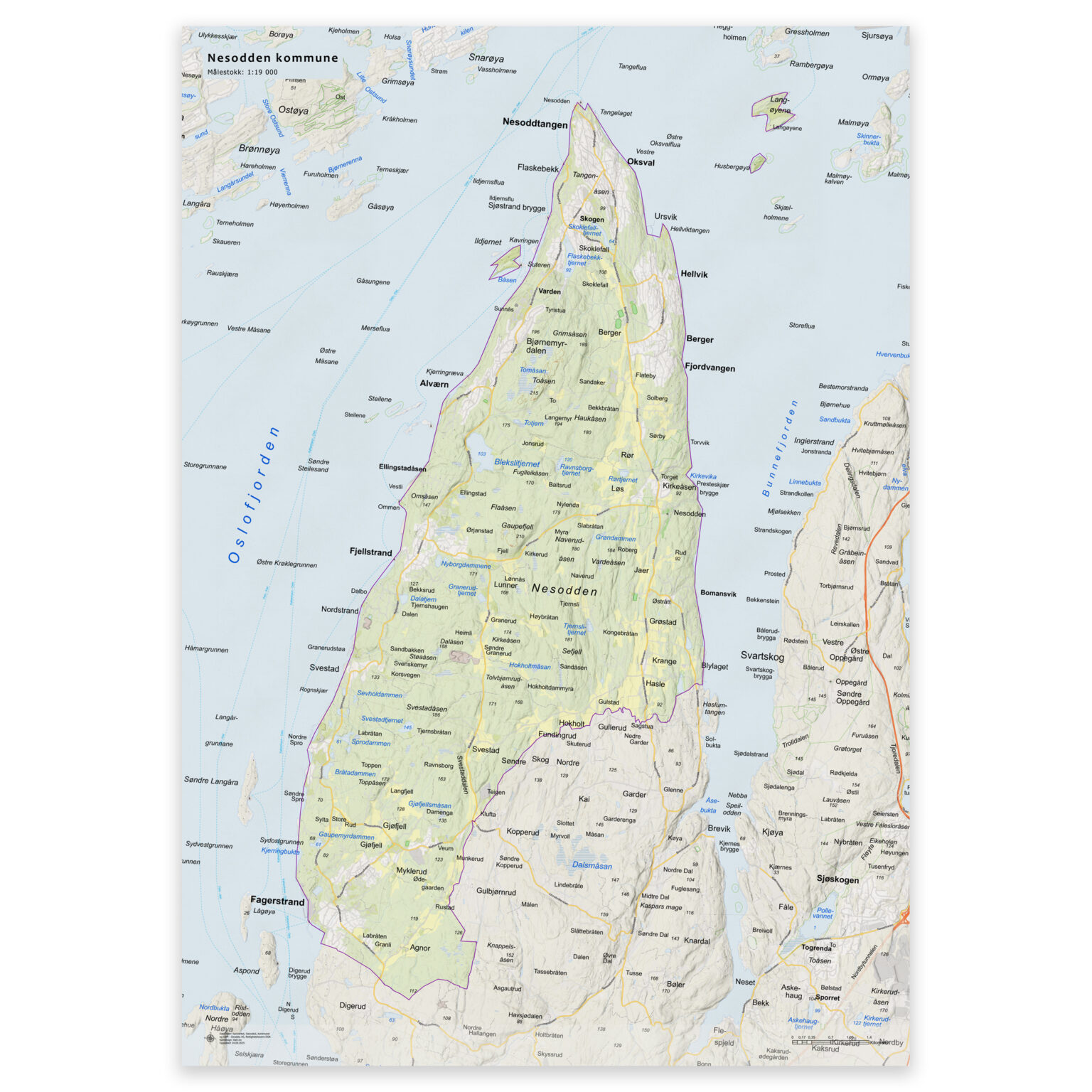 Kart over Nesodden kommune | Veggkart, plakat eller innrammet