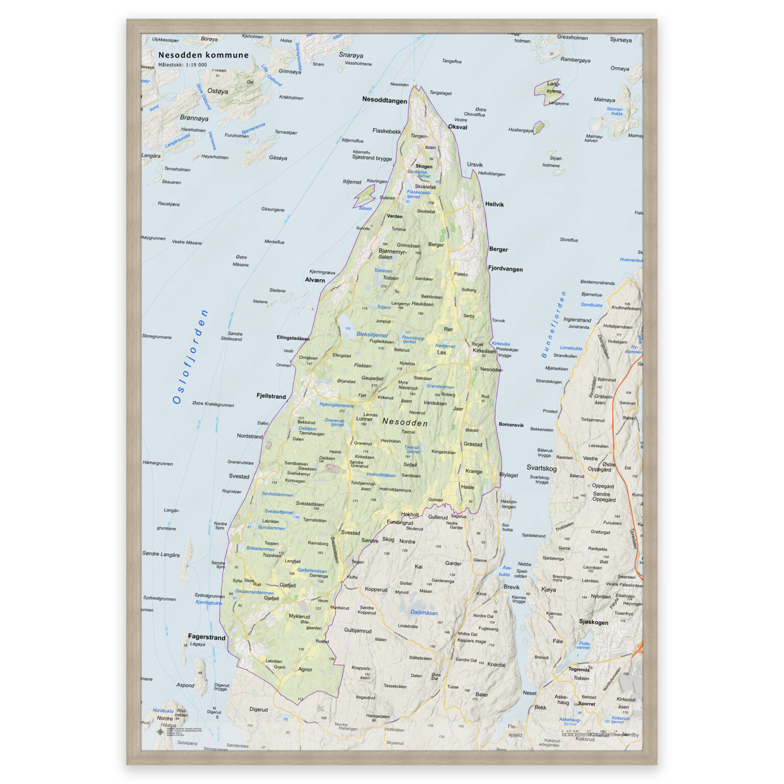 Kart over Nesodden kommune | Veggkart, plakat eller innrammet