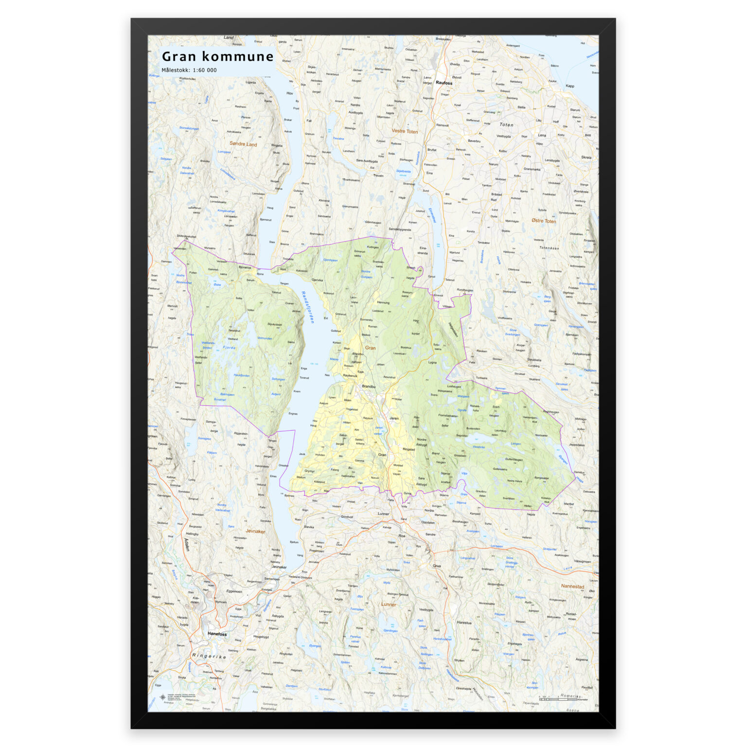 Kart over Gran kommune | Veggkart, plakat eller innrammet