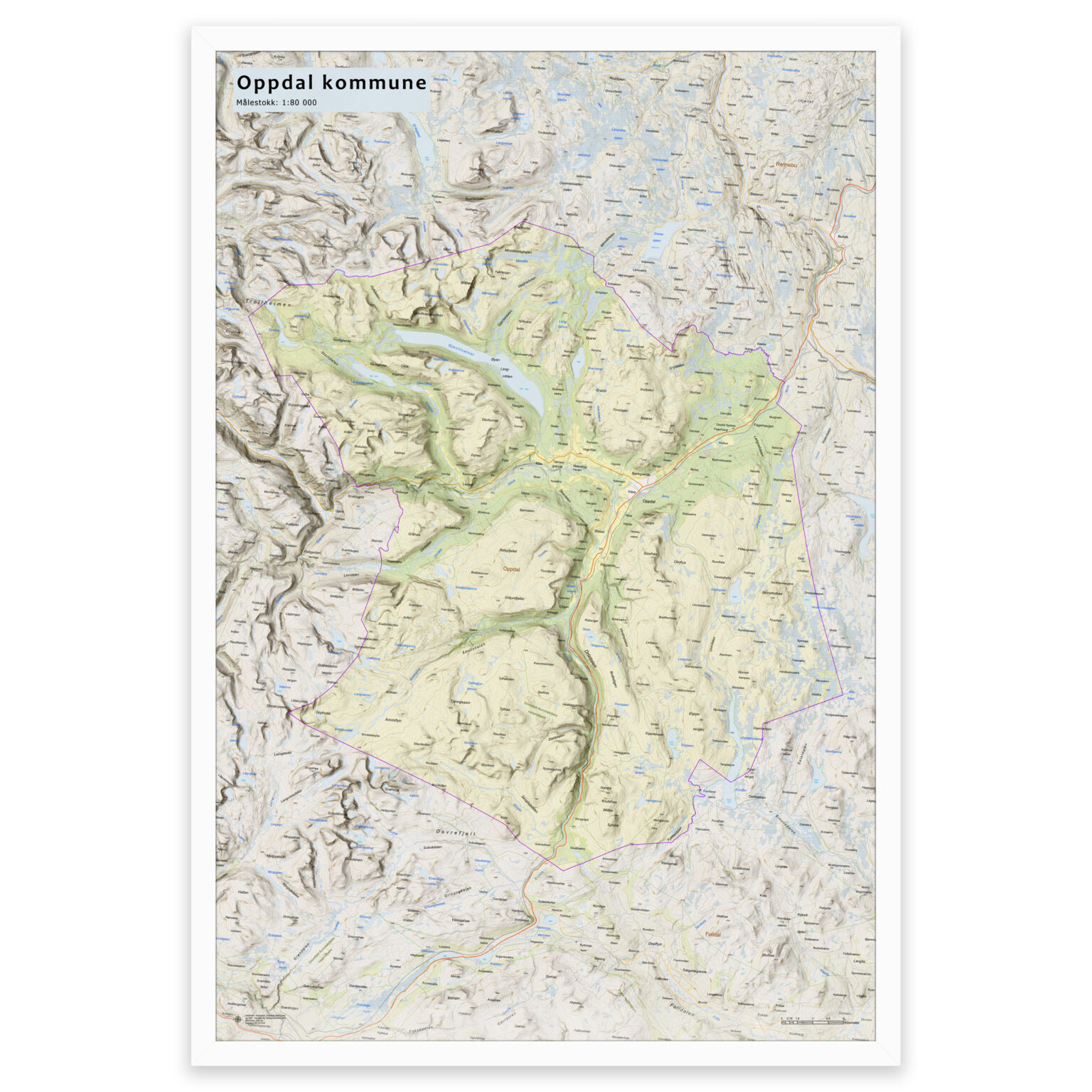 Kart over Oppdal kommune | Veggkart, plakat eller innrammet