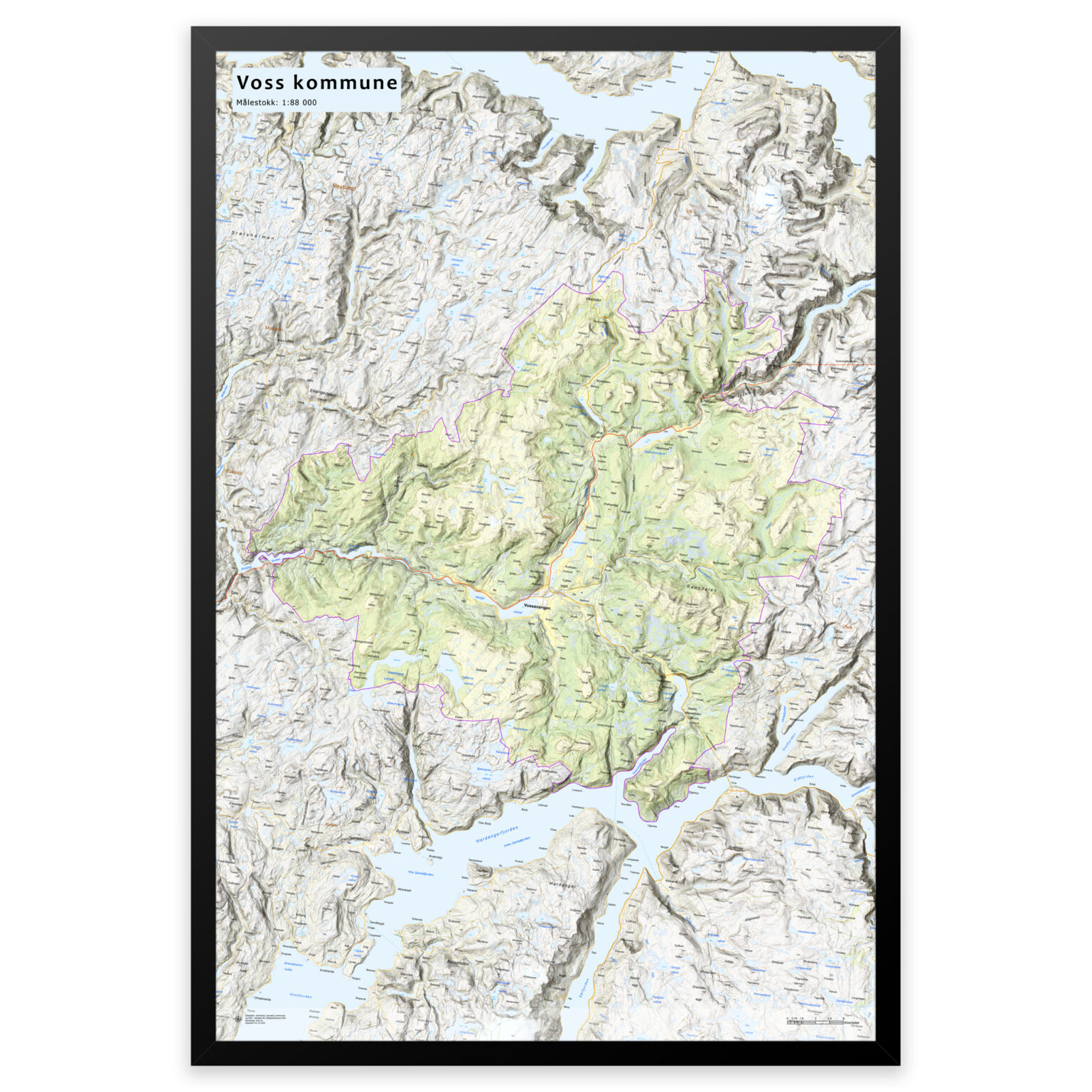 Kart over Voss kommune | Veggkart, plakat eller innrammet