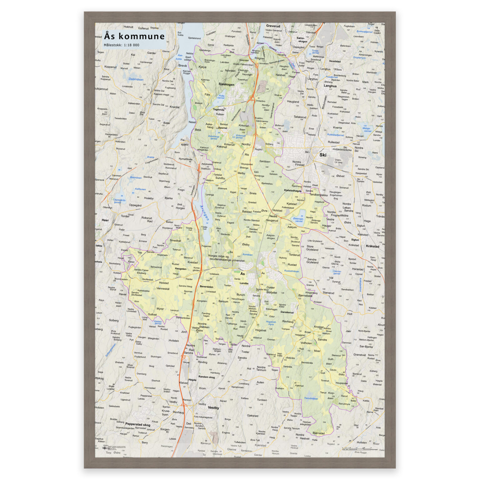 Kart over Ås kommune | Veggkart, plakat eller innrammet