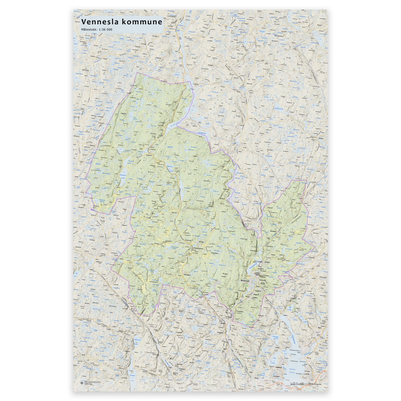 Kart over Vennesla kommune | Veggkart, plakat eller innrammet